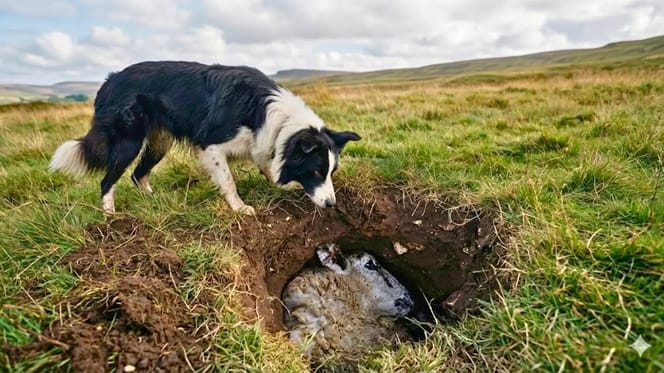 Un chien de berger découvre une brebis coincée dans un trou en pleine ...